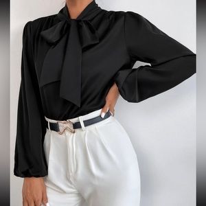 Tops | Luxe Tie Neck Satin Work Blouse | Poshmark
